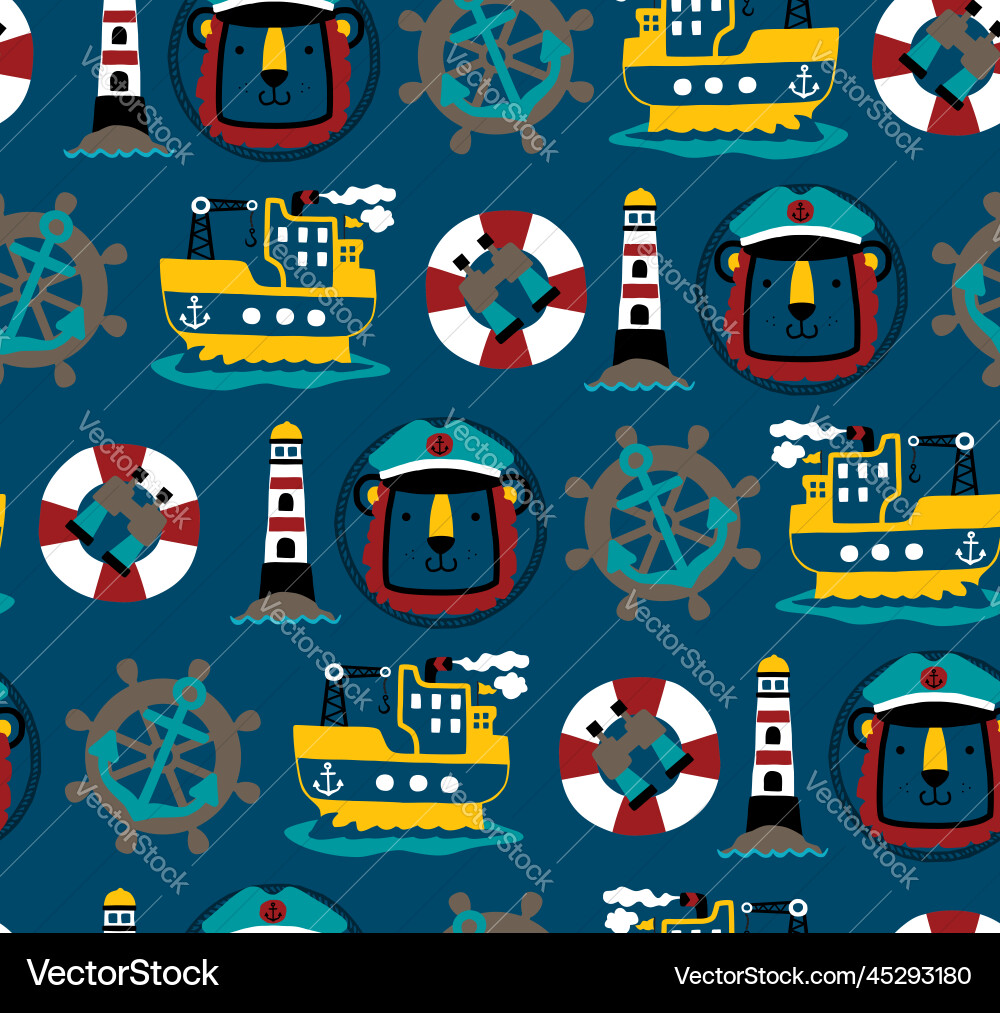 Sailing elements cartoon with funny lion sailor Vector Image