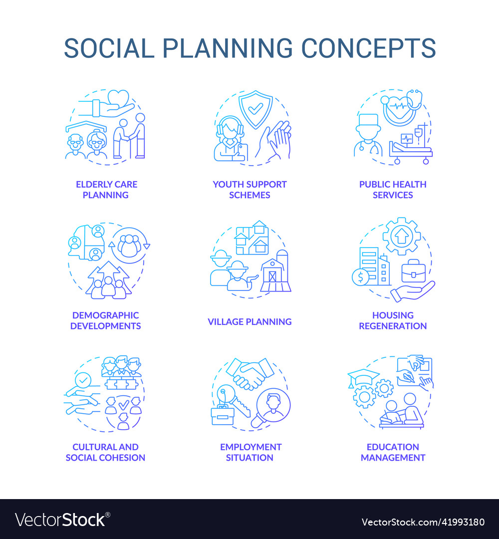 Social planning blue gradient concept icons set Vector Image