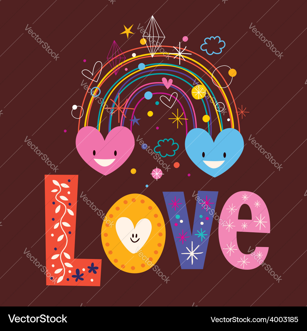 Rainbow hearts word love retro typography Vector Image