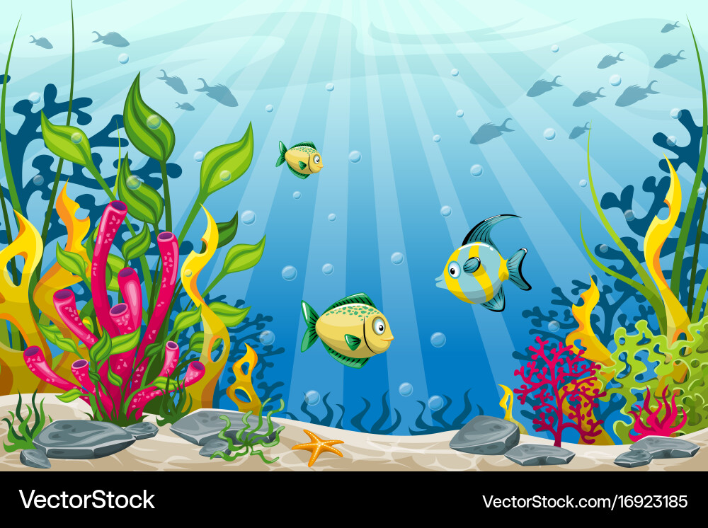 Underwater landscape with fish and stones Vector Image