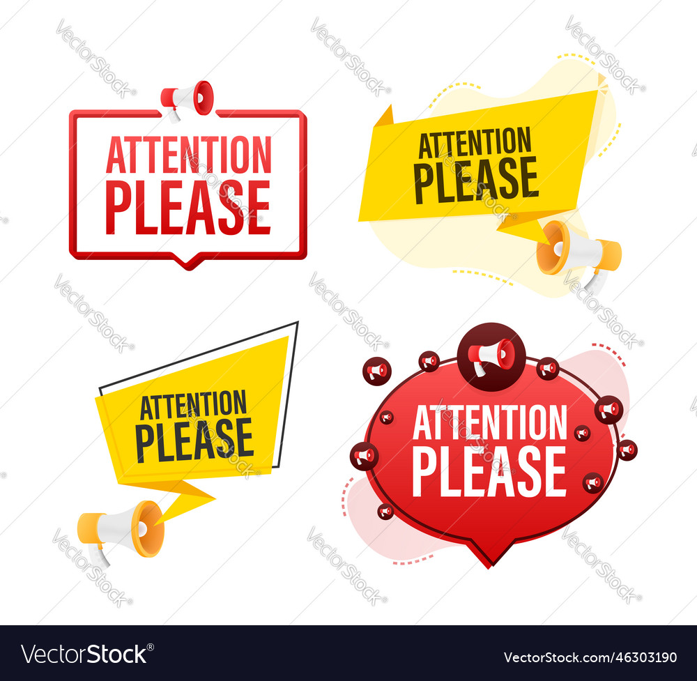 Megaphone label set with text attention please Vector Image