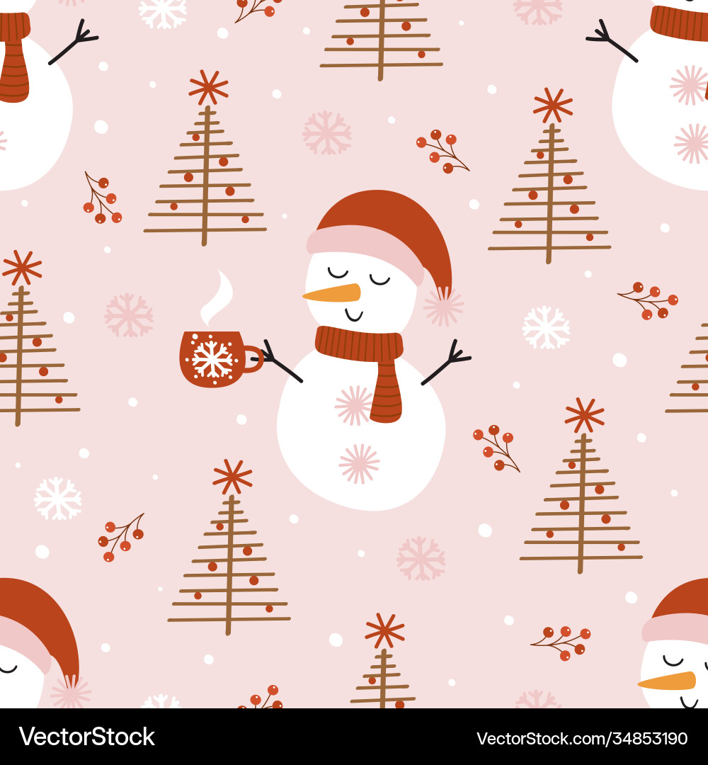 Seamless pattern with cute snowman and christmas t