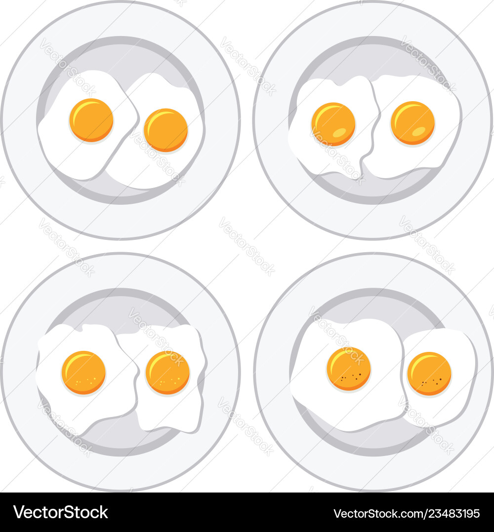 Set delicious fried eggs on plates Royalty Free Vector Image