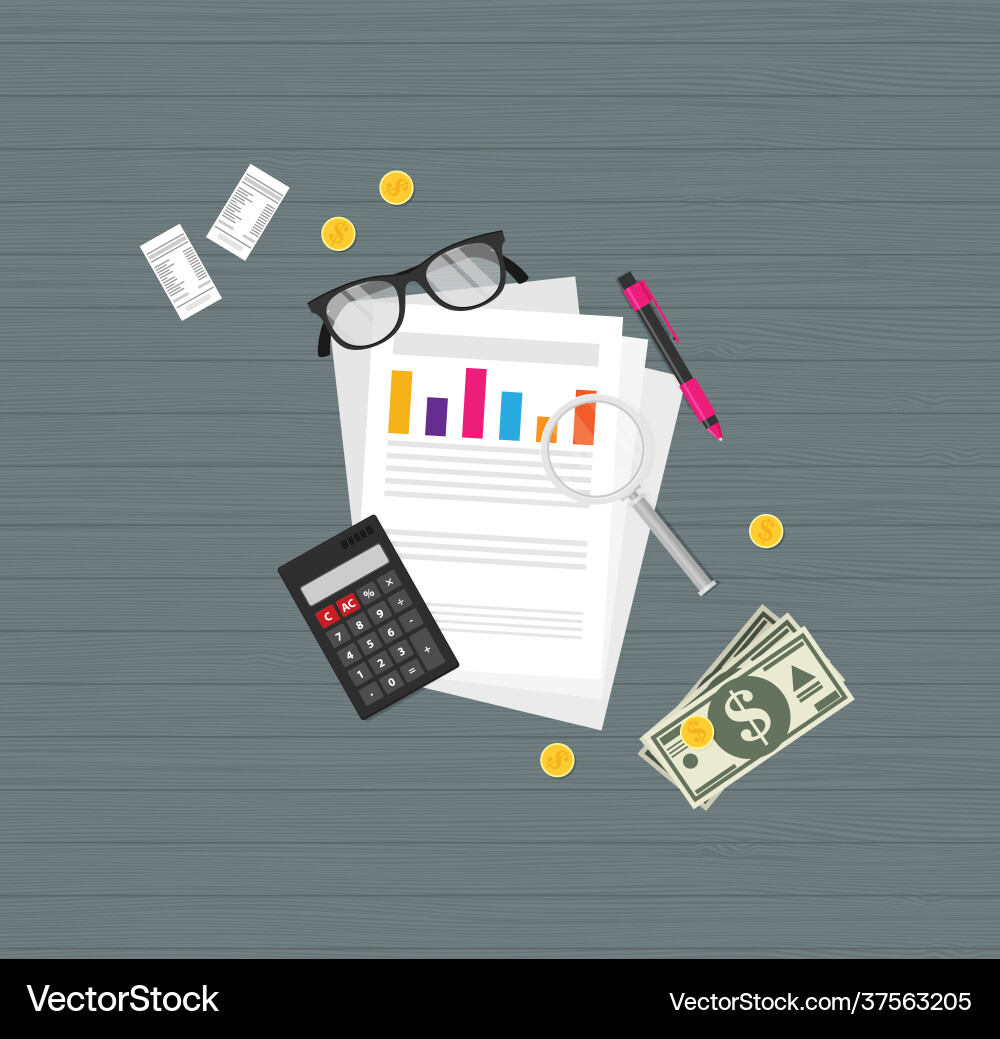 Auditor work desk accounting paperwork business Vector Image