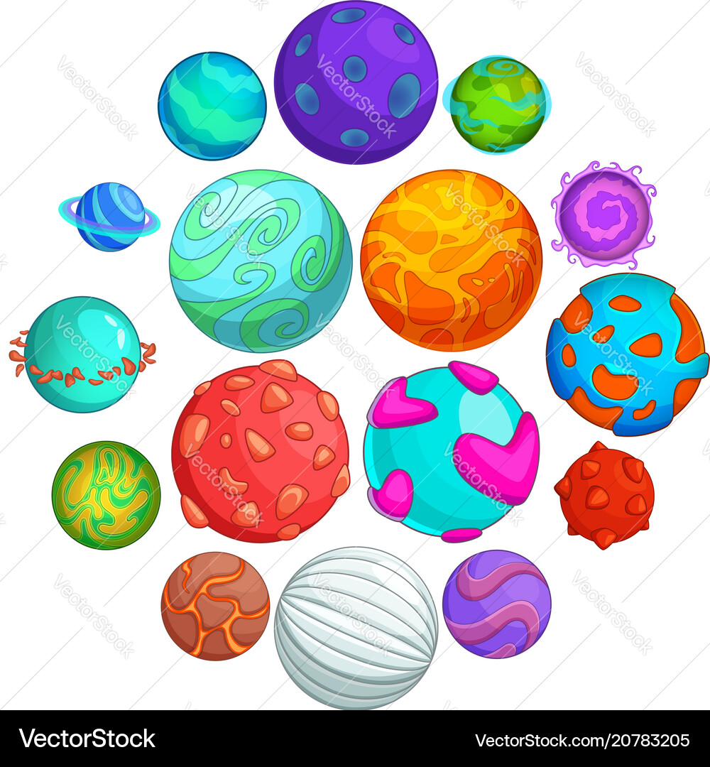 Fantastic planets icons set cartoon style Vector Image