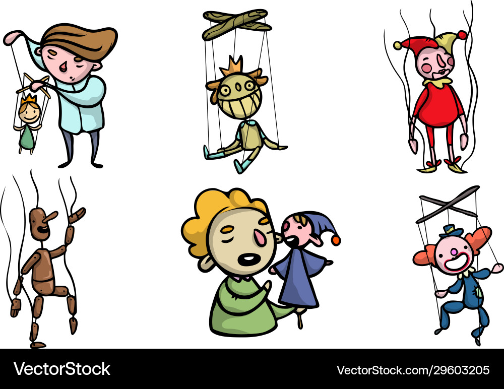 Set puppets marionettes young boys puppet Vector Image