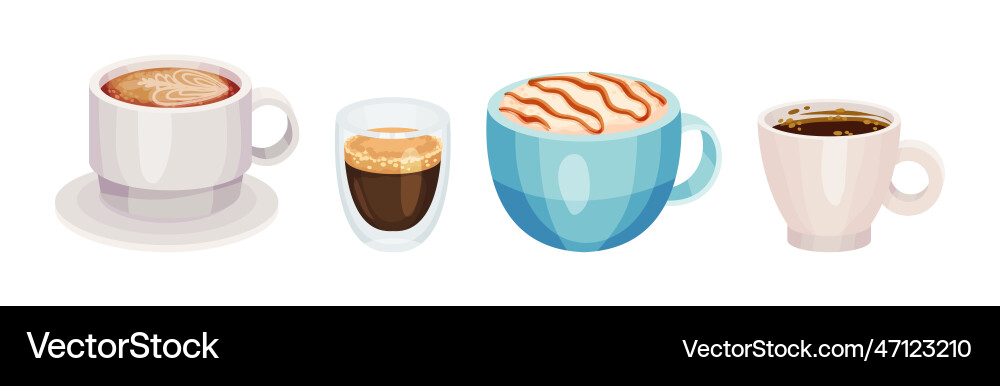 Different coffee with froth and cream in ceramic Vector Image