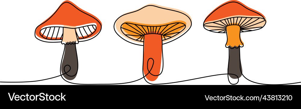 Set of mushroom one line colored continuous Vector Image