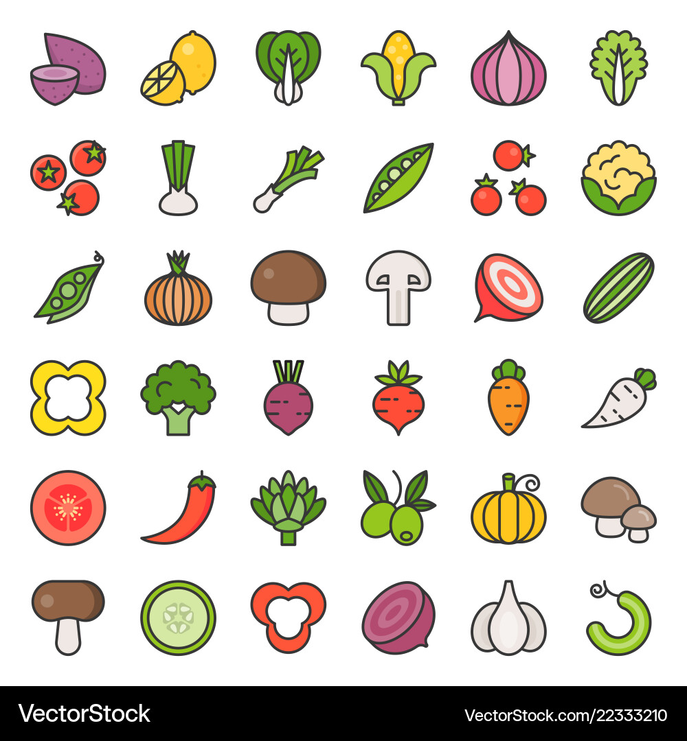 Vegetable icon set 22 filled outline Royalty Free Vector