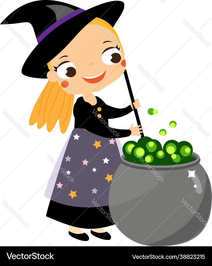 Cartoon halloween witch make potion in cauldron Vector Image