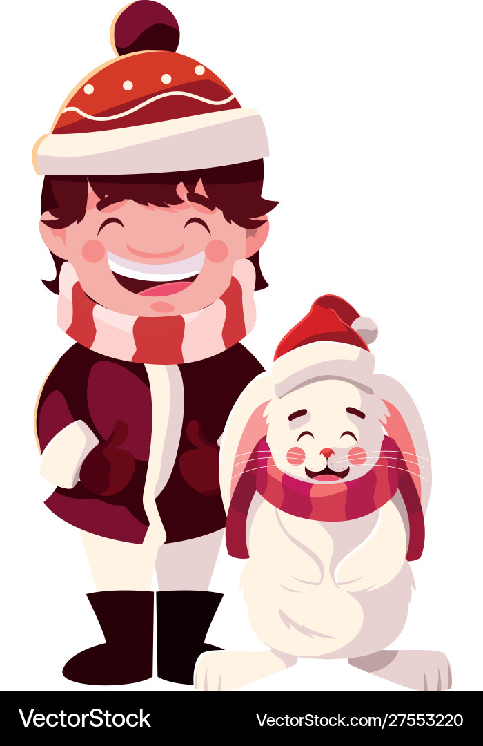 Boy and rabbit with hat and scarf in white Vector Image