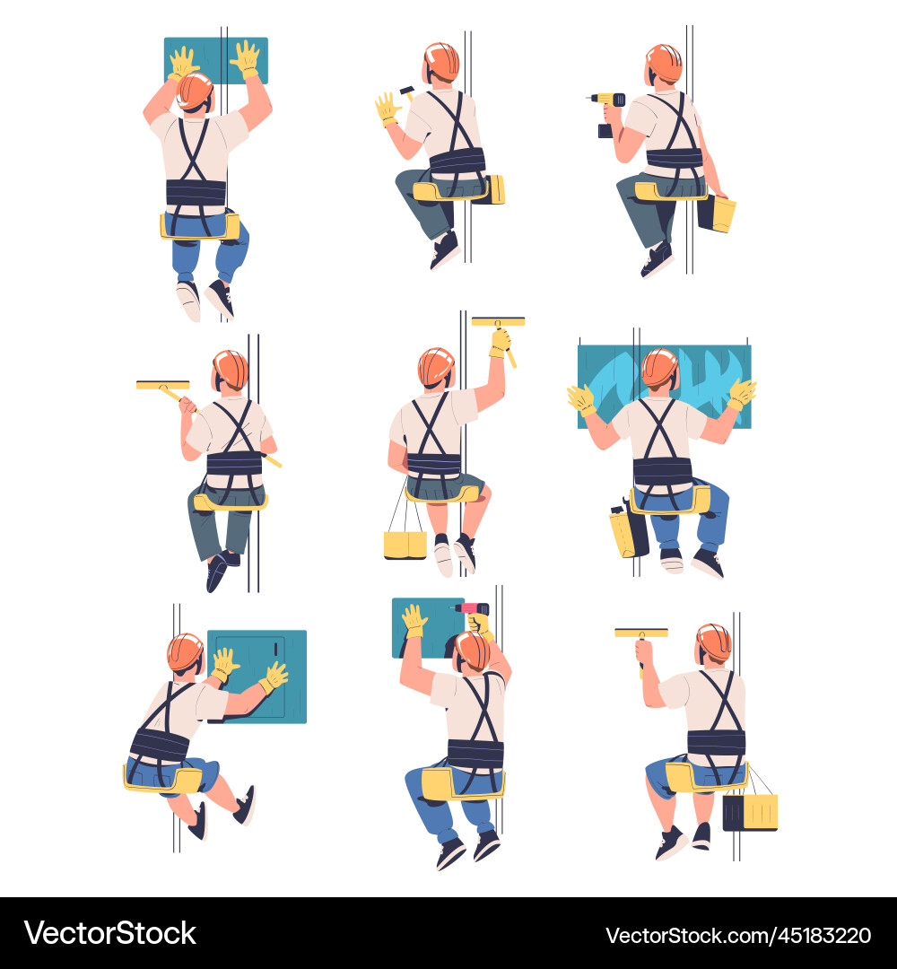 People working at height suspended on ropes Vector Image