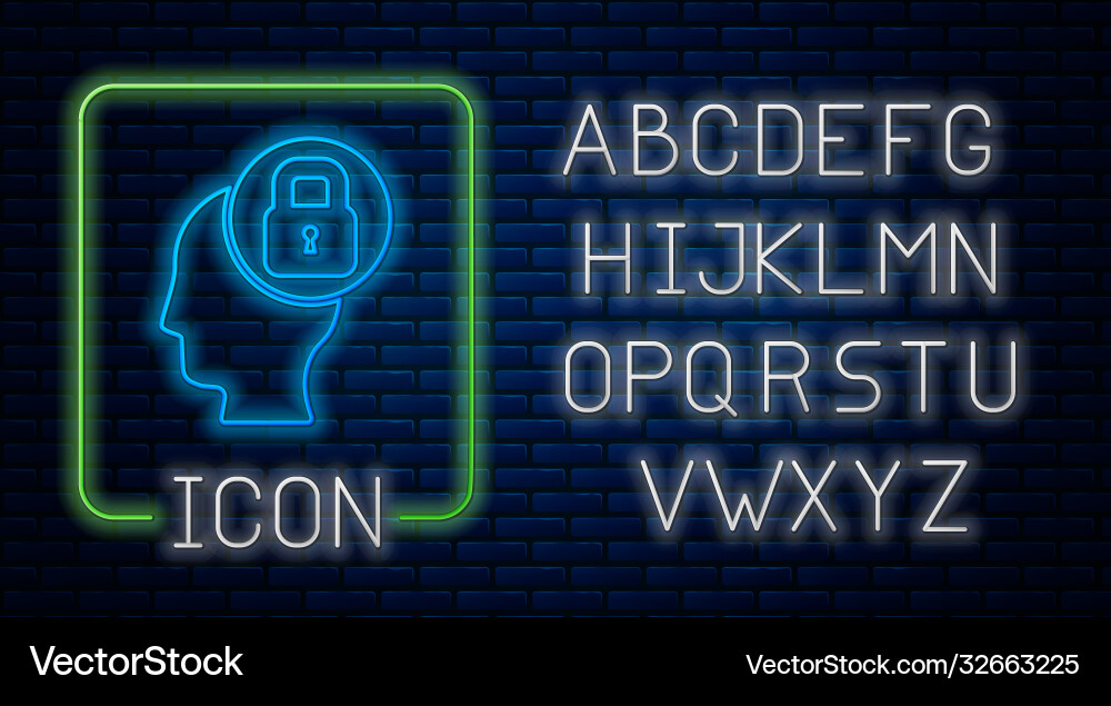 Glowing neon human head with lock icon isolated Vector Image