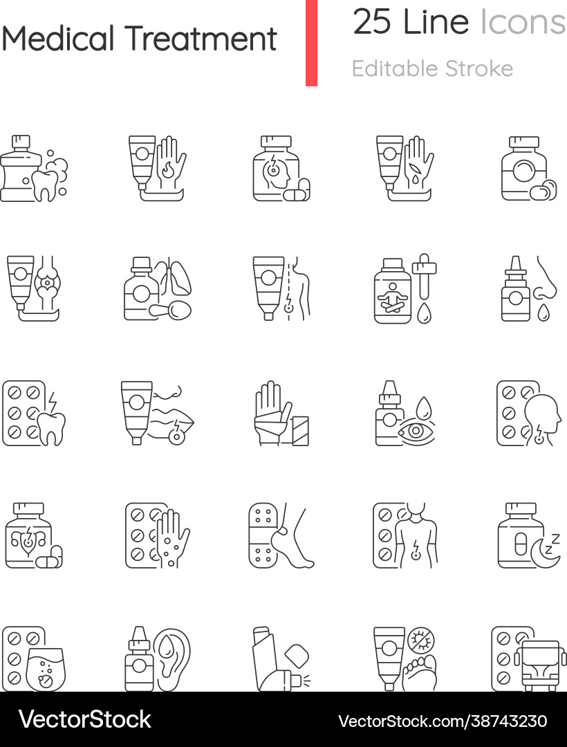 Medical treatment linear icons set Royalty Free Vector Image