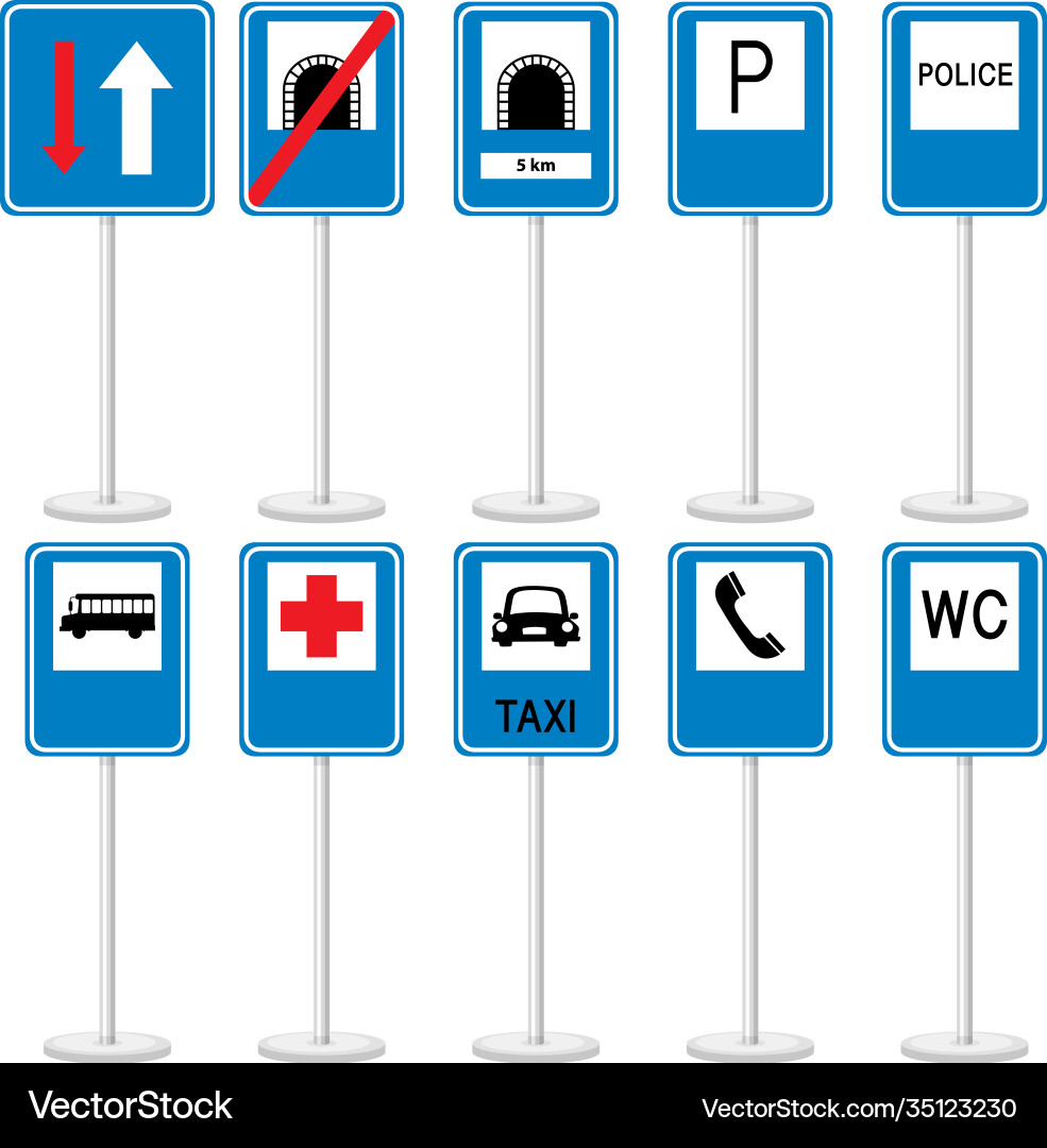 Set blue road signs with stand isolated Royalty Free Vector