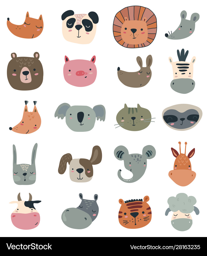 Collection cute hand drawn animal faces Royalty Free Vector