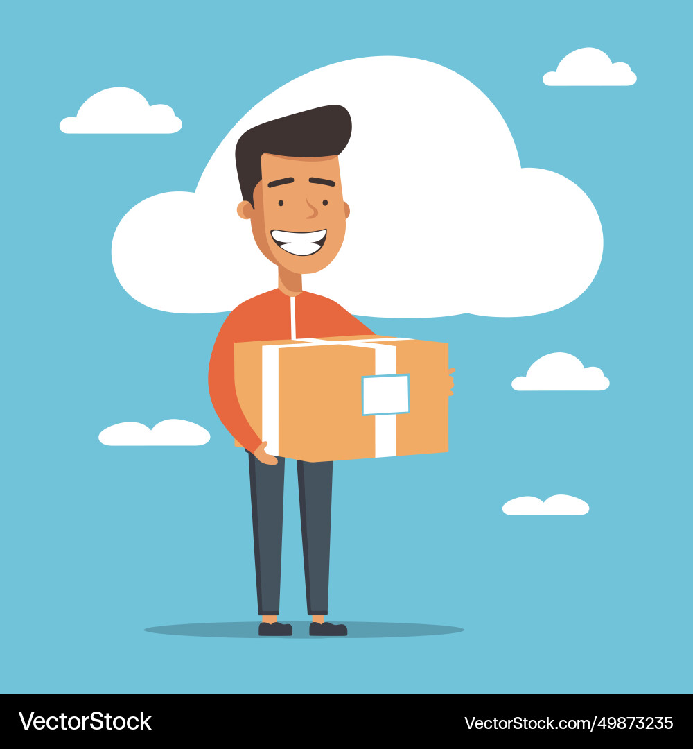 Delivery man holding a large box smiling happily Vector Image