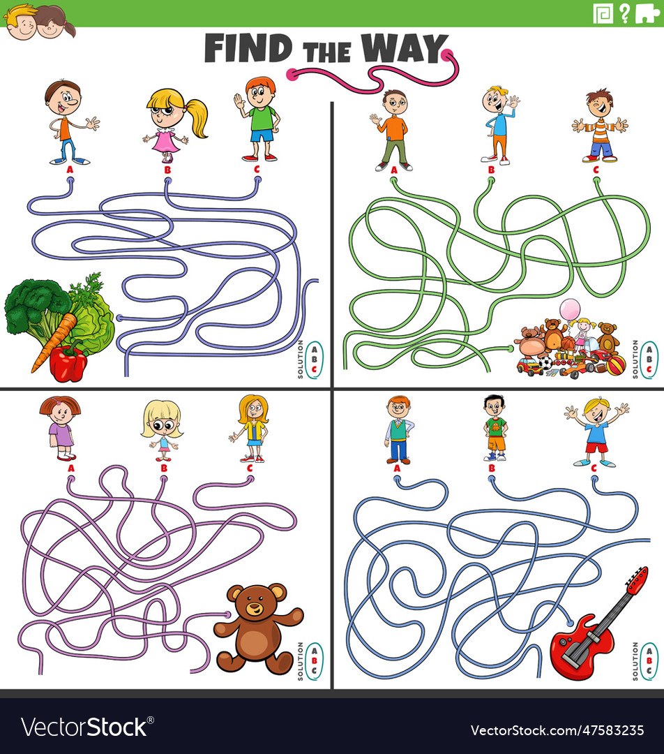Find the way maze games set with cartoon children Vector Image