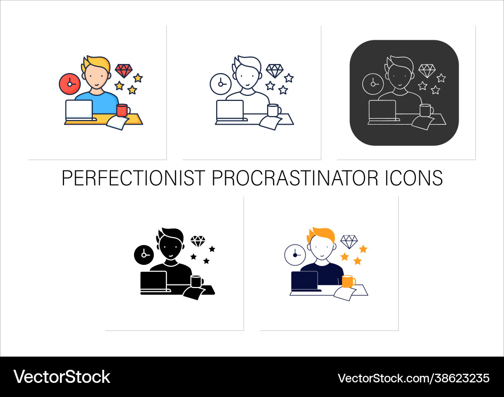 Perfectionist procrastinator icons set Royalty Free Vector