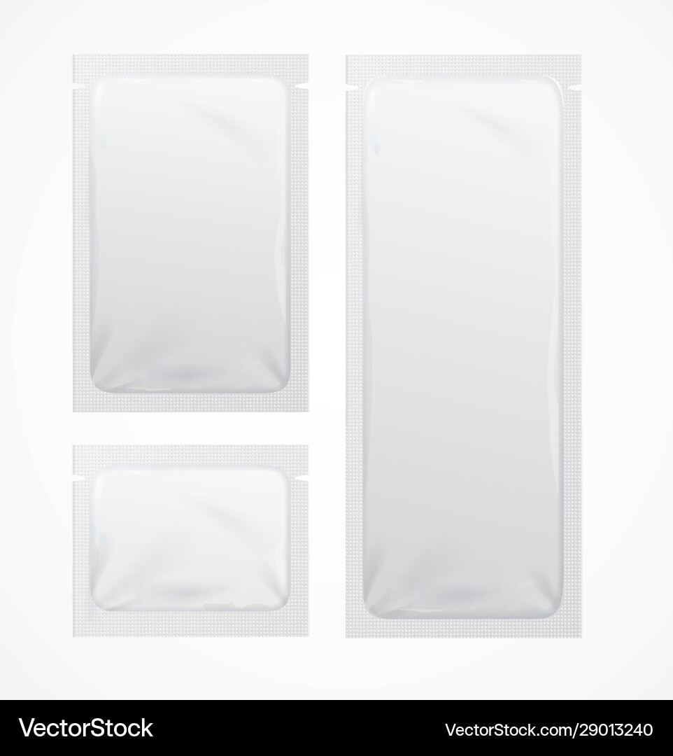 Realistic detailed 3d white blank sachets template