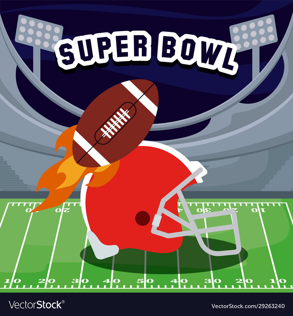 Super bowl helmet and ball over field Royalty Free Vector