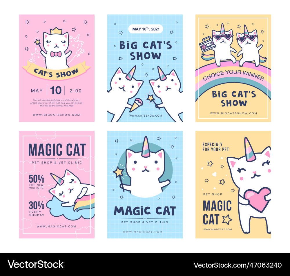 Unicorn cats flyers set Royalty Free Vector Image