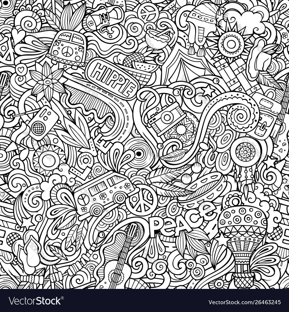Hippie hand drawn doodles seamless pattern hippy Vector Image
