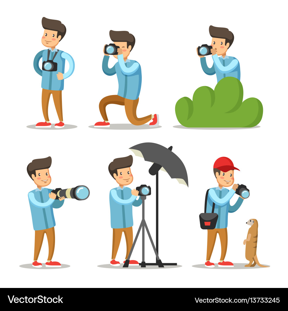 Photographer cartoon character set Royalty Free Vector Image