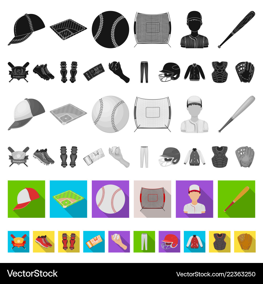 Baseball and attributes flat icons in set Vector Image