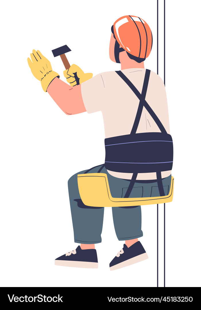 Man working at height with hammer suspended Vector Image