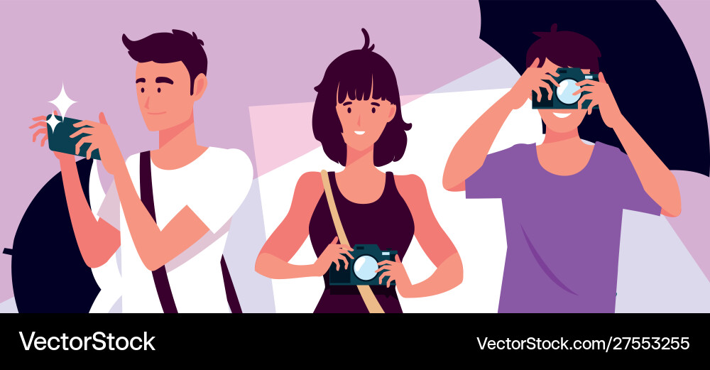 Group people with cameras in photo studio Vector Image