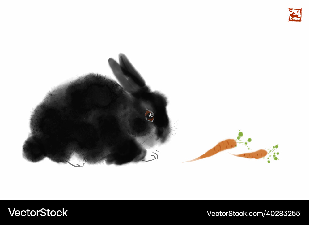 Ink painting with black fluffy rabbit eating Vector Image