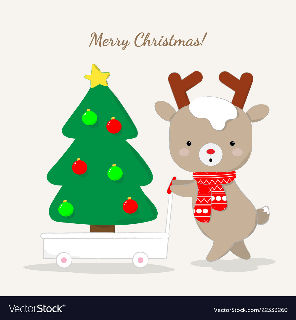 Cute reindeer cartoon carrying christmas tree Vector Image