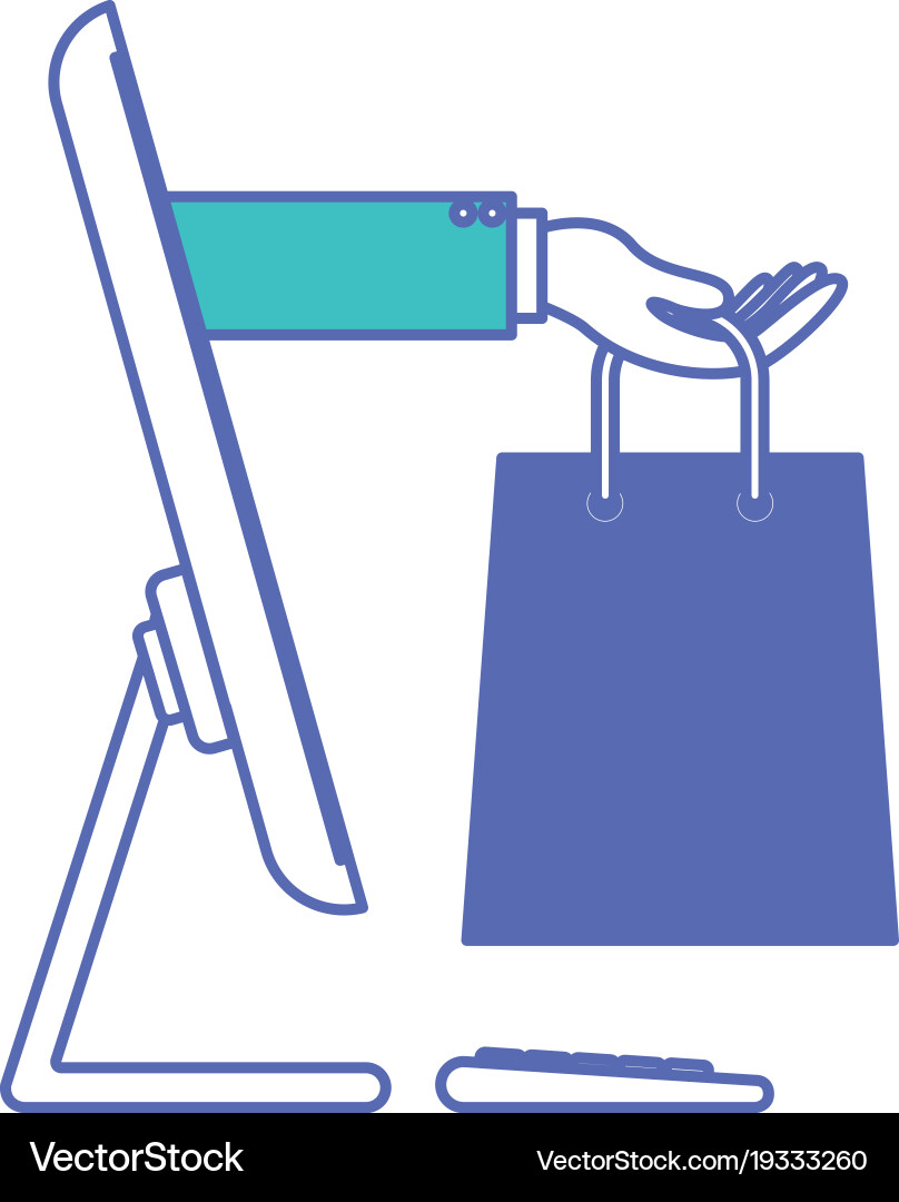 Desktop computer and hand holding shopping bag Vector Image