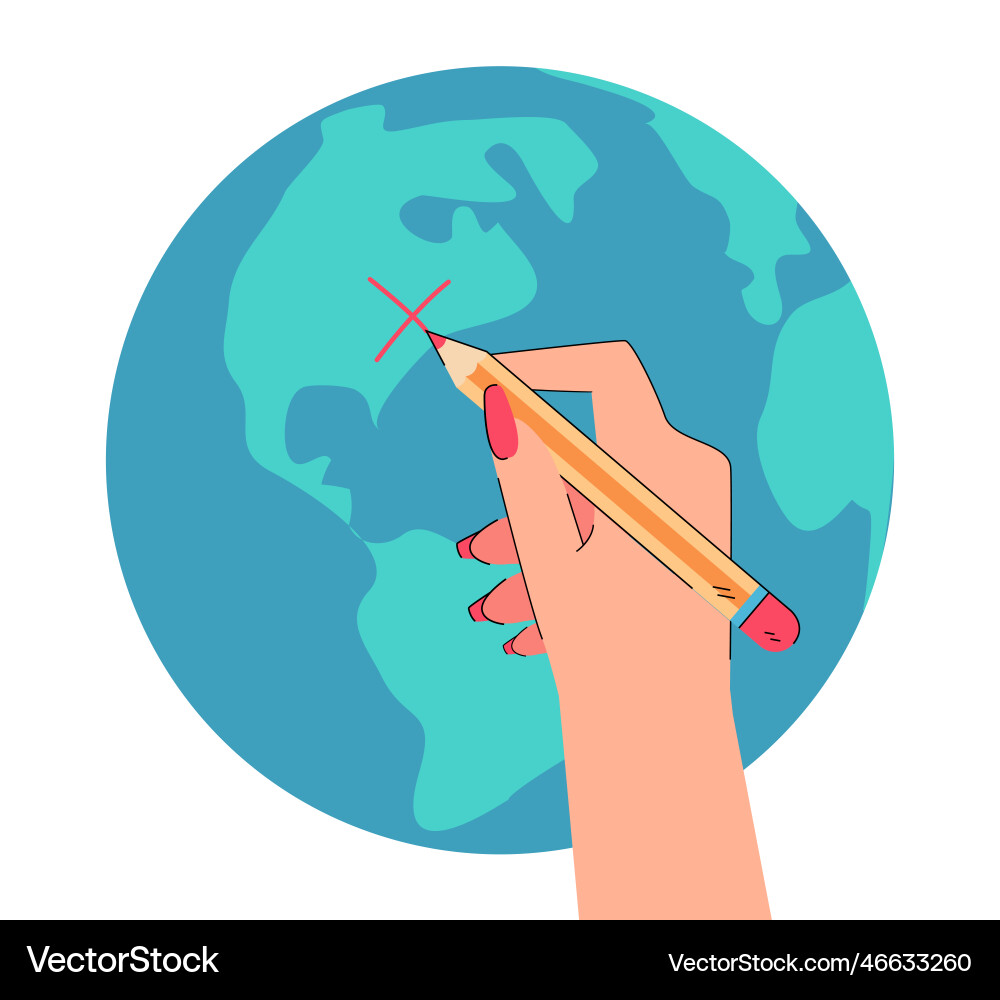 Hand marking location on globe with pencil Vector Image