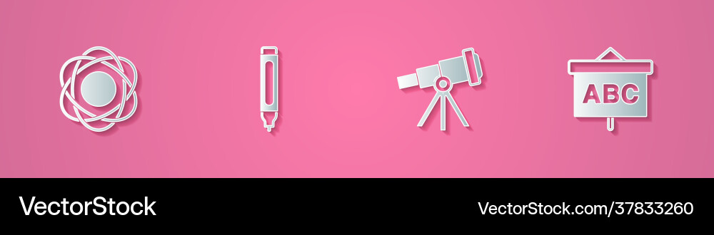 Set paper cut atom marker pen telescope Royalty Free Vector