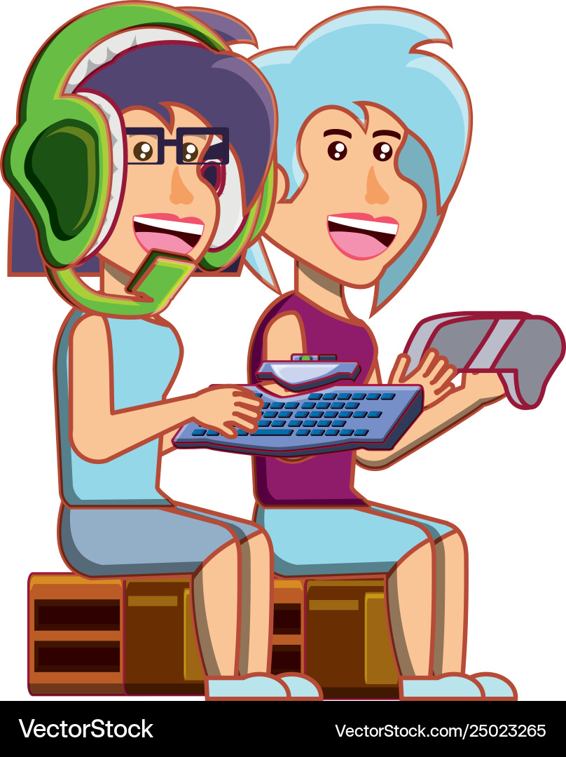 Girls sitting playing video game Royalty Free Vector Image