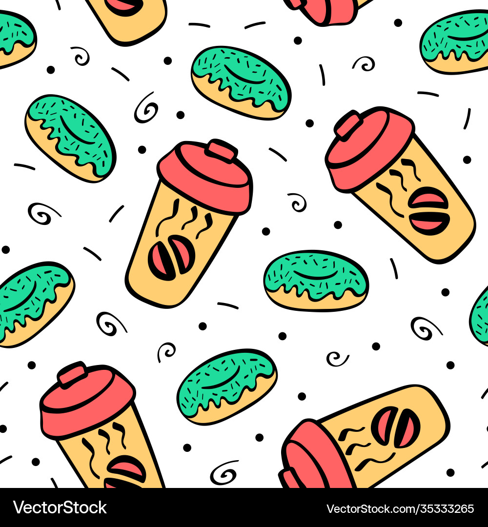 Seamless pattern with hand drawn donuts and coffee