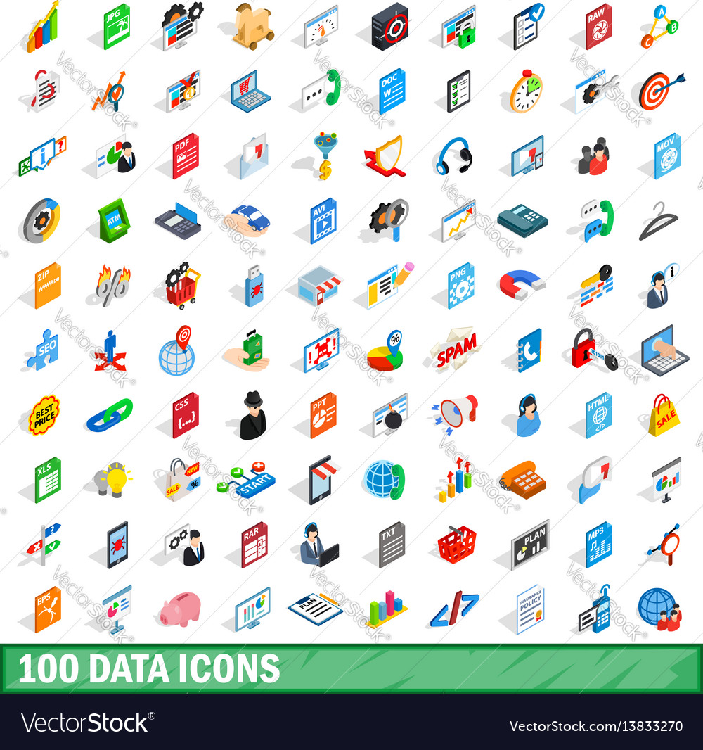 100 data icons set isometric 3d style Royalty Free Vector
