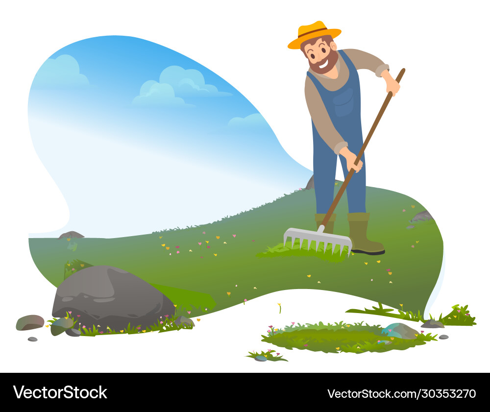 Farming man using rakes male working on farm Vector Image