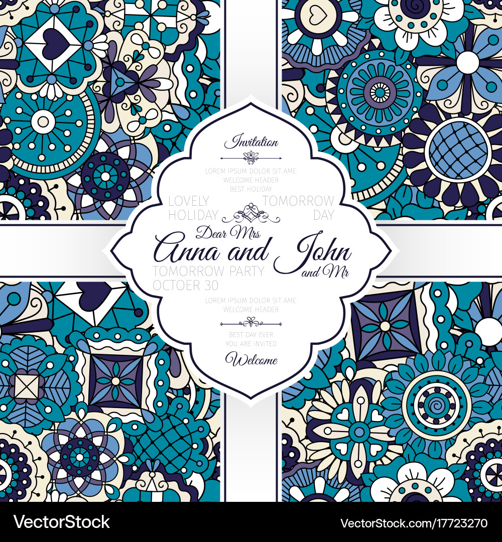 Invitation card with blue doodle pattern Vector Image