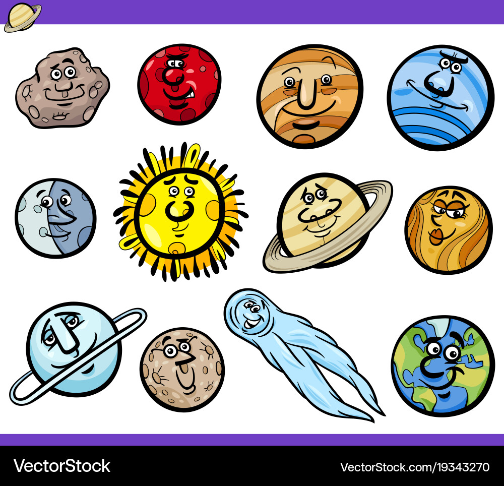 Planets and orbs cartoon characters set Royalty Free Vector