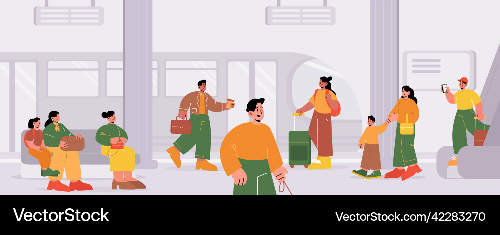 Railway station with train and people on platform Vector Image