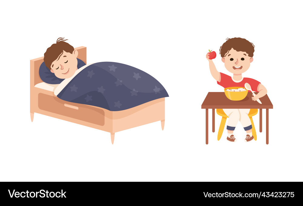 Cute little boy daily routine kid sleeping in bed Vector Image