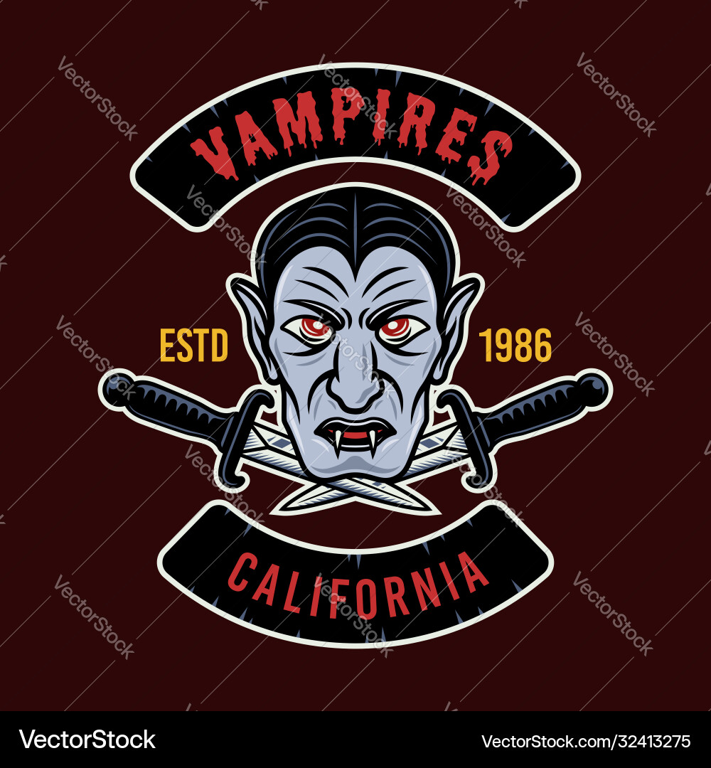 Vampire head and knives colorful emblem Royalty Free Vector