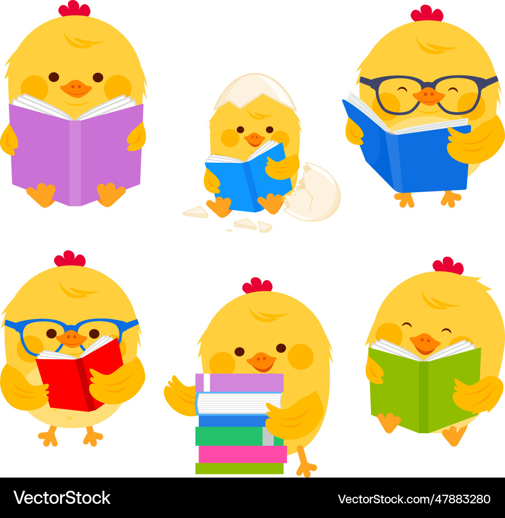 Cute chicken birds reading books Royalty Free Vector Image