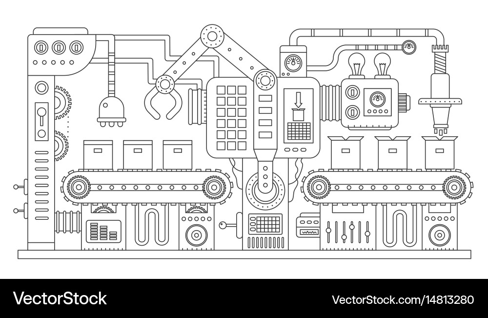 Industrial conveyor belt line outline Royalty Free Vector