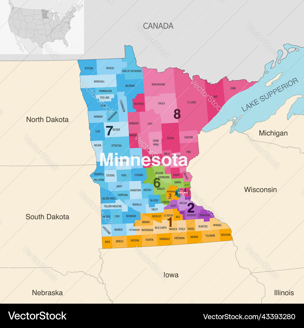 Minnesota state counties colored by congressional Vector Image