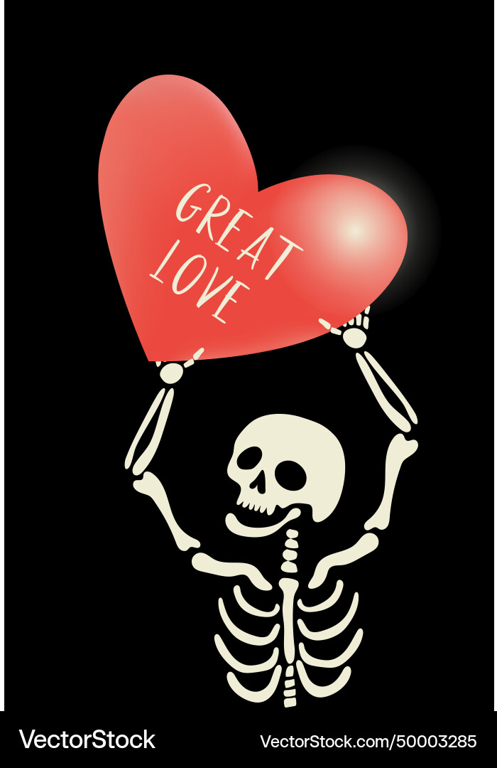 Cartoon skeleton holding big red heart with text Vector Image