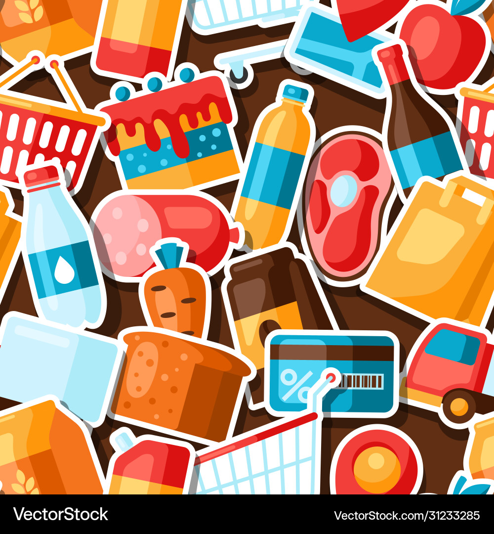 Supermarket seamless pattern with food stickers Vector Image